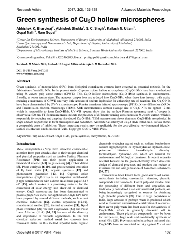 (PDF) Green Synthesis of Cu2O Hollow Microspheres Using D. Carota Extract