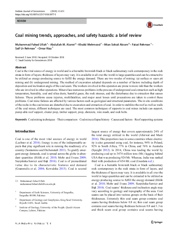 (PDF) Coal mining trends, approaches, and safety hazards: a brief review