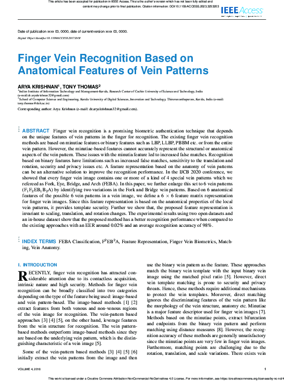 (PDF) Finger Vein Recognition Based on Anatomical Features of Vein Patterns
