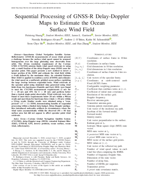 (PDF) Sequential Processing of GNSS-R Delay-Doppler Maps to Estimate the Ocean Surface Wind Field