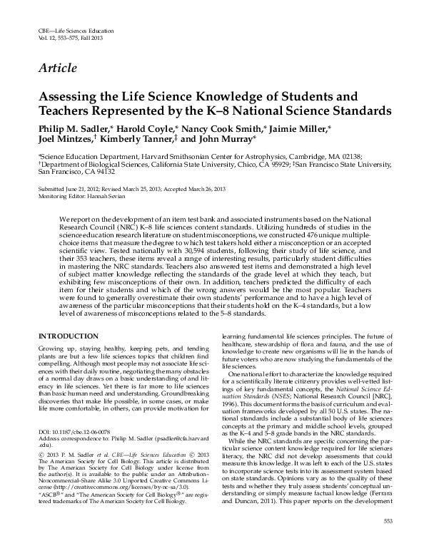 (PDF) Assessing the Life Science Knowledge of Students and Teachers ...