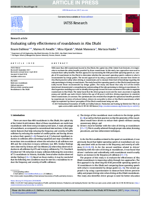 Pdf Evaluating Safety Effectiveness Of Roundabouts In Abu Dhabi