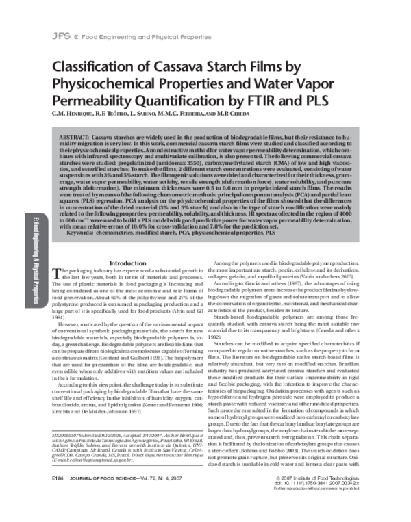 (PDF) Classification of Cassava Starch Films by Physicochemical Properties and Water Vapor ...