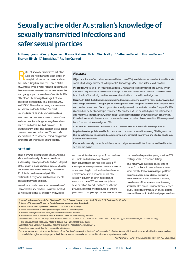 (PDF) Sexually active older Australian's knowledge of sexually transmitted infections and safer ...