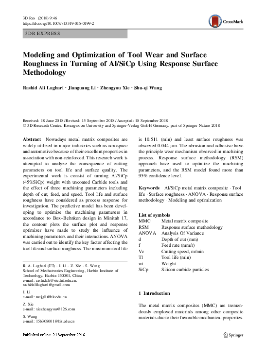 (PDF) Modeling and Optimization of Tool Wear and Surface Roughness in Turning of Al/SiCp Using ...