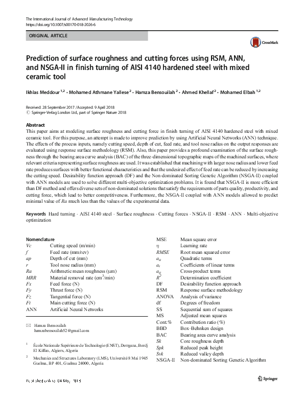 (PDF) Prediction of surface roughness and cutting forces using RSM, ANN, and NSGA-II in finish ...