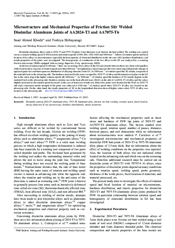 (PDF) Microstructure and Mechanical Properties of Friction Stir Welded ...