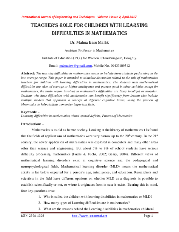 (PDF) Teacher's Role for Children with Learning Difficulties in Mathematics
