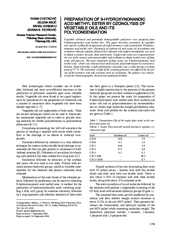 (PDF) Preparation of 9-hydroxynonanoic acid methyl ester by ozonolysis of vegetable oils and its ...