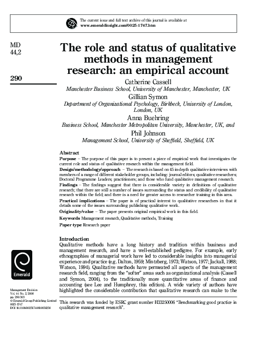 (PDF) The role and status of qualitative methods in management research: an empirical account