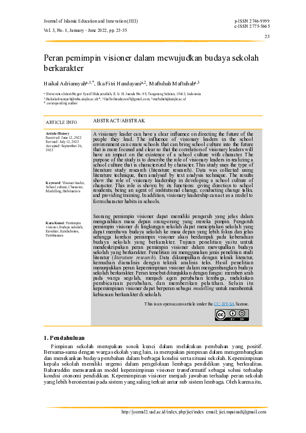 (PDF) Peran pemimpin visioner dalam mewujudkan budaya sekolah berkarakter