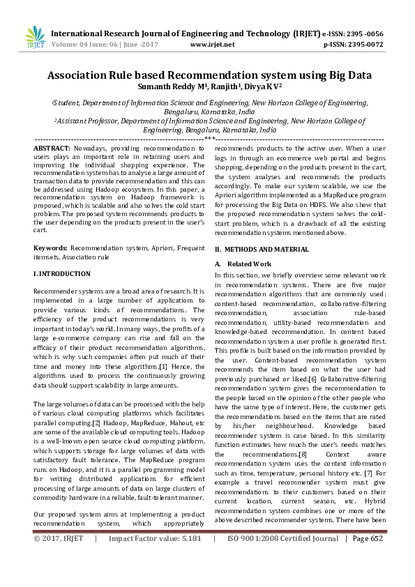 Pdf Association Rule Based Recommendation System Using Big Data