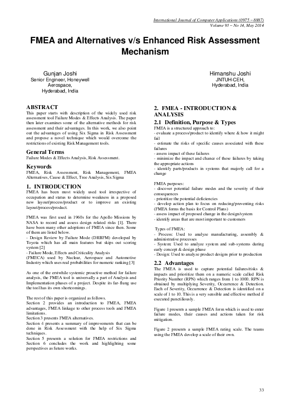 (PDF) FMEA and Alternatives v/s Enhanced Risk Assessment Mechanism