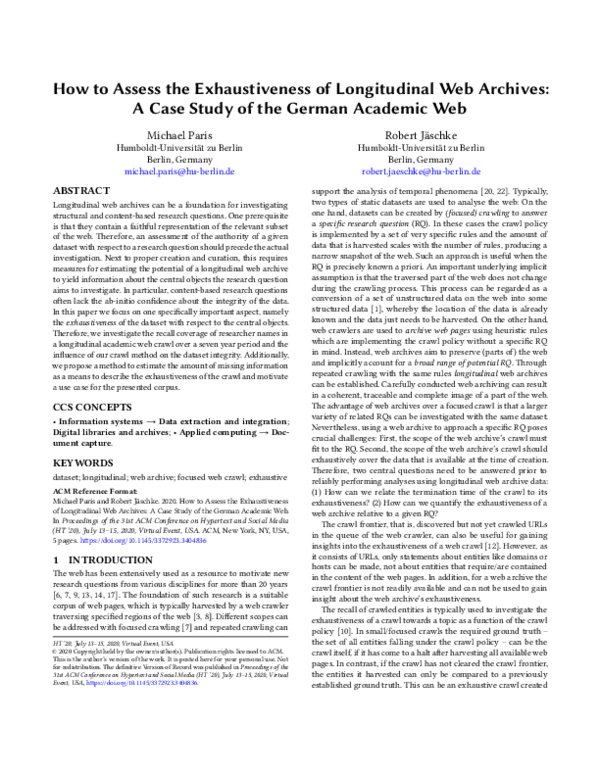 (PDF) How to Assess the Exhaustiveness of Longitudinal Web Archives