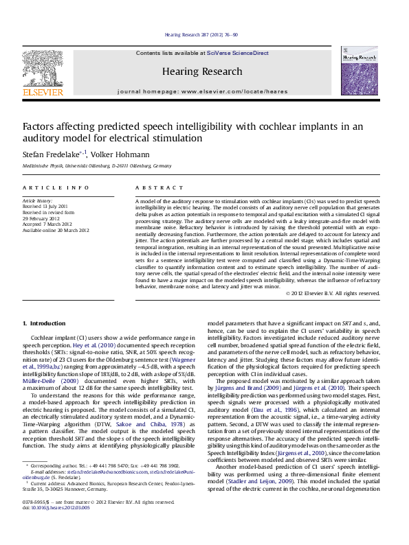 (PDF) Factors affecting predicted speech intelligibility with cochlear implants in an auditory ...