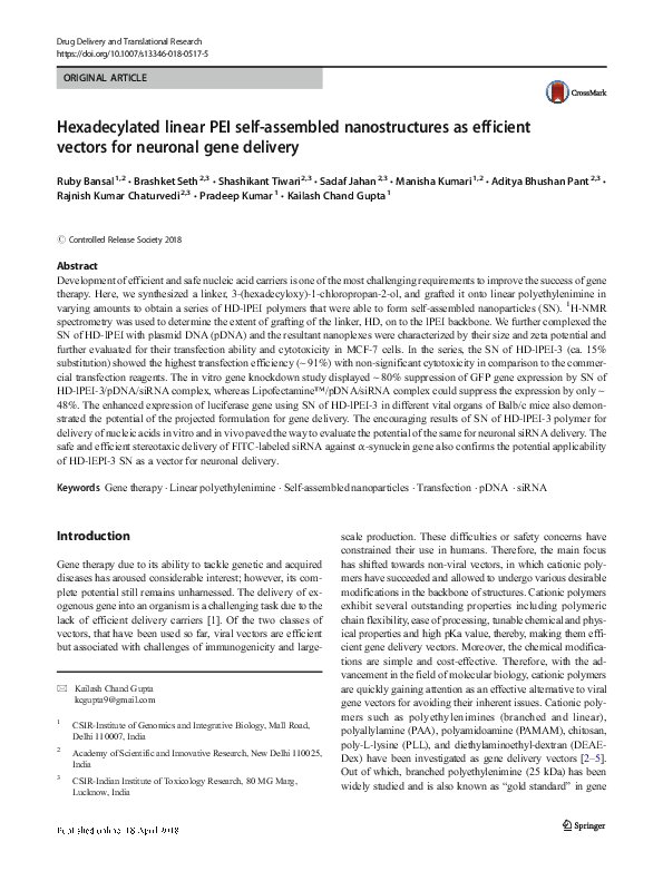 (PDF) Hexadecylated linear PEI self-assembled nanostructures as ...