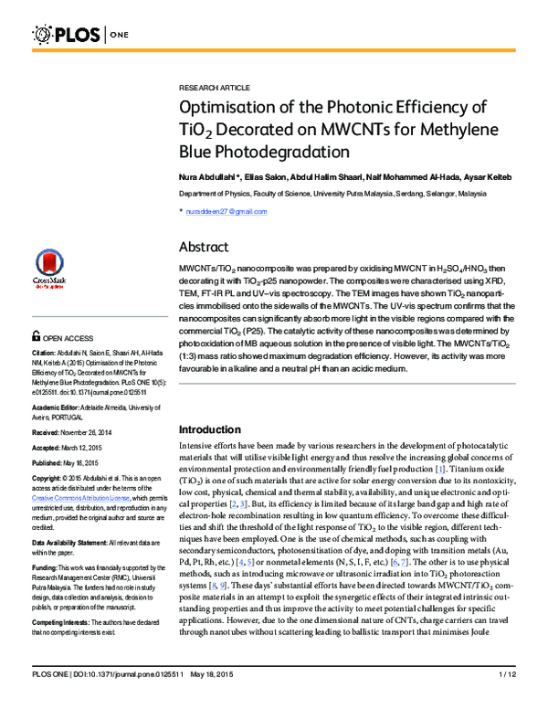 Optimisation of the Photonic Efficiency of TiO2 Decorated on MWCNTs for ...
