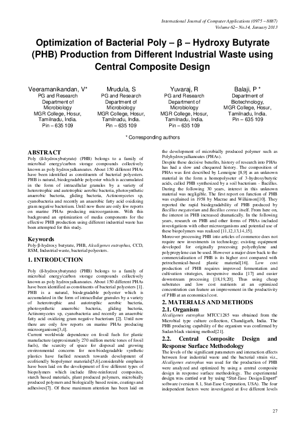 (PDF) Optimization of Bacterial Poly ? Hydroxy Butyrate (PHB) Production from Different ...