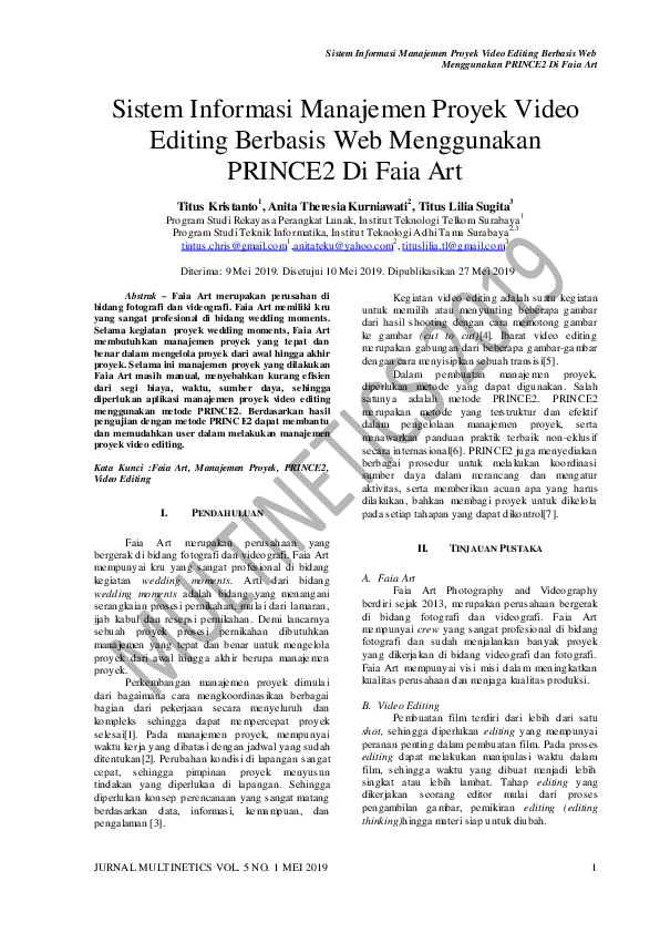 (PDF) Sistem Informasi Manajemen Proyek Video Editing Berbasis Web Menggunakan PRINCE2 Di Faia Art