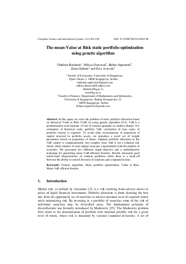 (PDF) The mean-value at risk static portfolio optimization using genetic algorithm