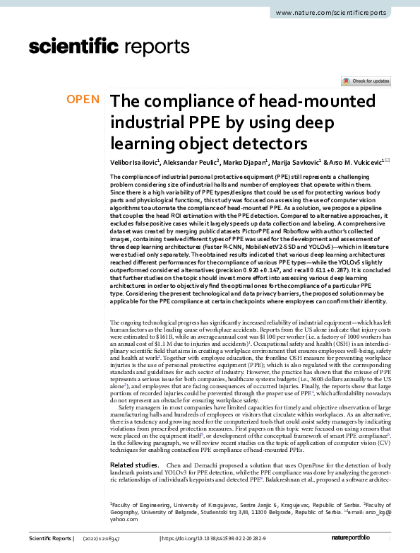 Pdf The Compliance Of Head Mounted Industrial Ppe By Using Deep Learning Object Detectors