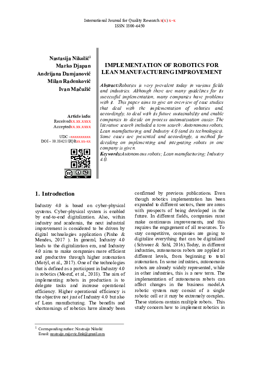 (PDF) Implementation of robotics for lean manufacturing improvement