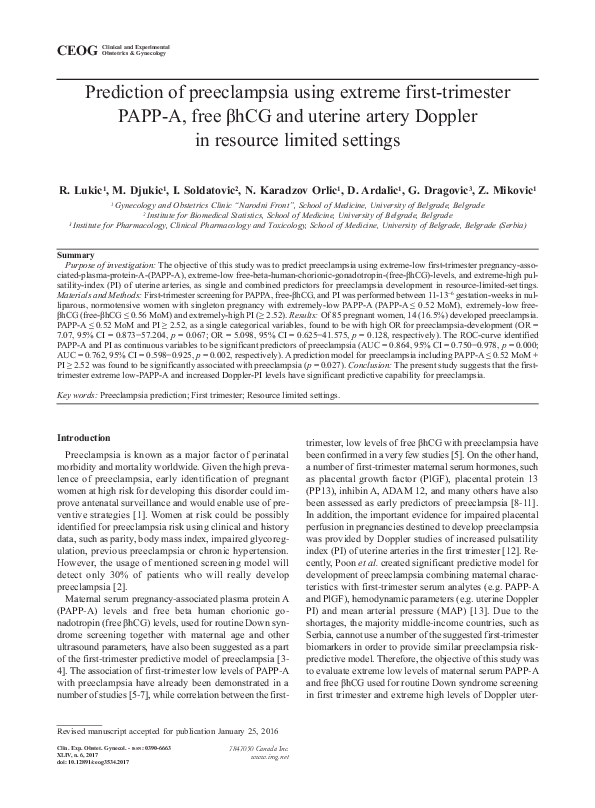 (PDF) Prediction of preeclampsia using extreme first-trimester PAPP-A ...