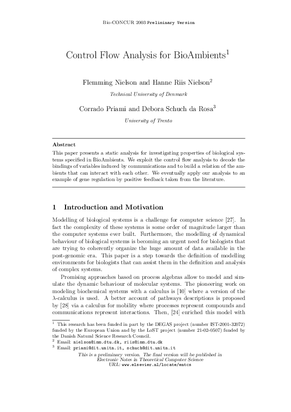 (PDF) Control Flow Analysis for BioAmbients