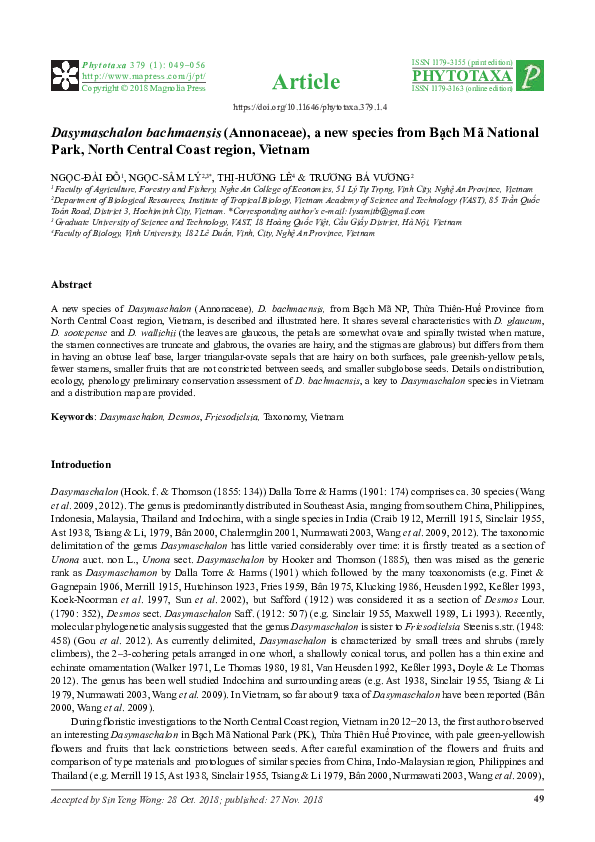 (PDF) Dasymaschalon bachmaensis (Annonaceae), a new species from Bạch ...