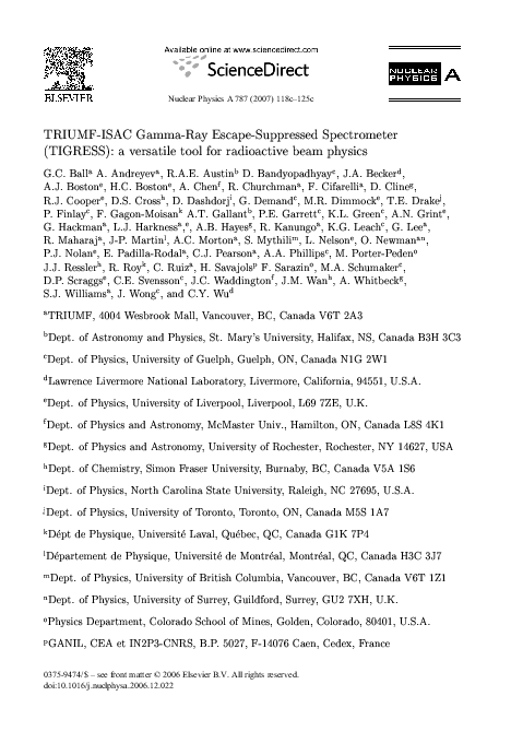 (PDF) TRIUMF-ISAC Gamma-Ray Escape-Suppressed Spectrometer (TIGRESS): a ...