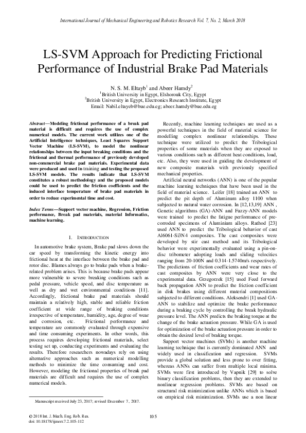 (PDF) LS-SVM Approach for Predicting Frictional Performance of Industrial Brake Pad Materials