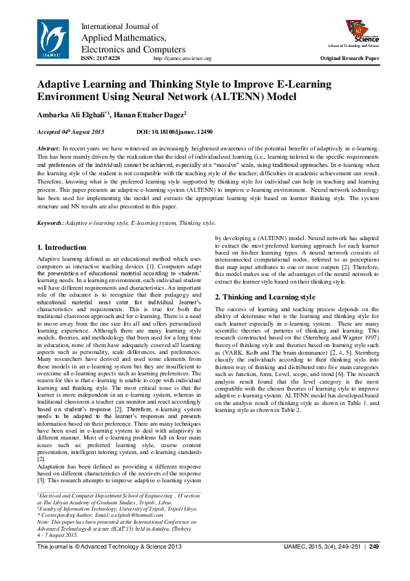 (PDF) Adaptive Learning and Thinking Style to Improve E-Learning Environment Using Neural ...