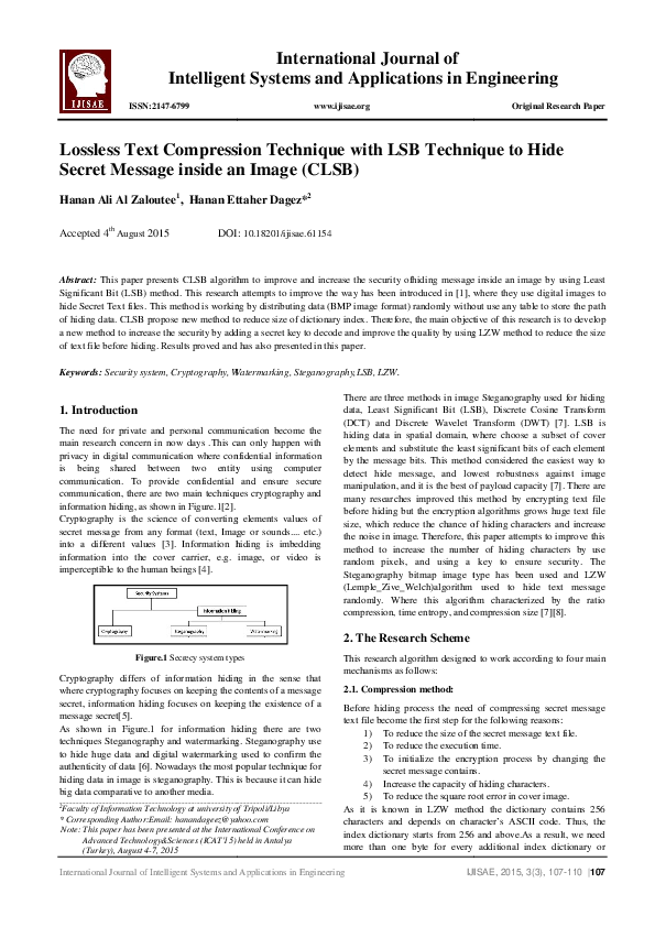 Pdf Lossless Text Compression Technique With Lsb Technique To Hide Secret Message Inside An