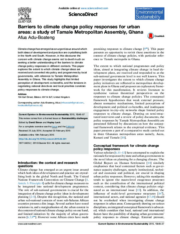 (PDF) Barriers to climate change policy responses for urban areas: a ...