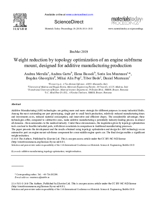 Pdf Weight Reduction By Topology Optimization Of An Engine Subframe Mount Designed For
