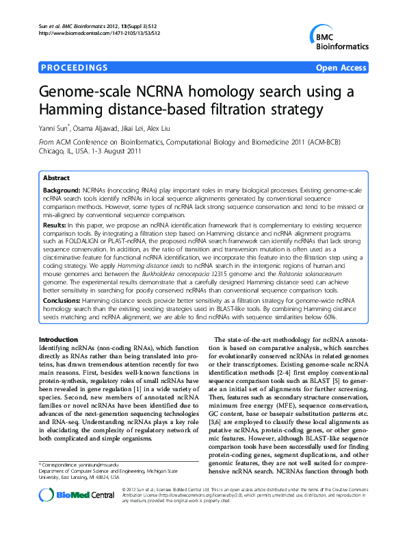(PDF) Genome-scale NCRNA homology search using a Hamming distance-based filtration strategy