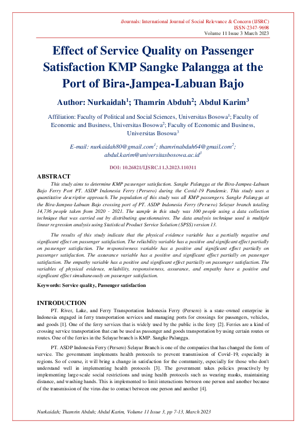 (PDF) Effect of Service Quality on Passenger Satisfaction KMP Sangke ...