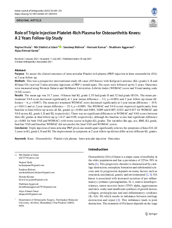 (PDF) Role of Triple Injection Platelet-Rich Plasma for Osteoarthritis ...
