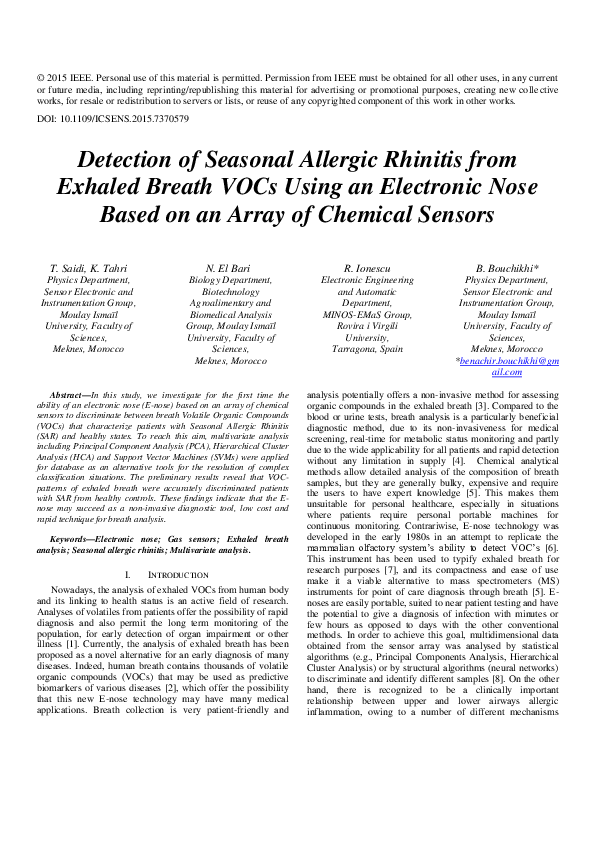 (PDF) Detection of seasonal allergic rhinitis from exhaled breath VOCs using an electronic nose ...