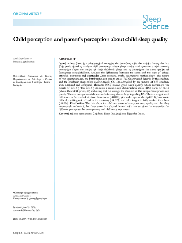 (PDF) Child perception and parent’s perception about child sleep quality