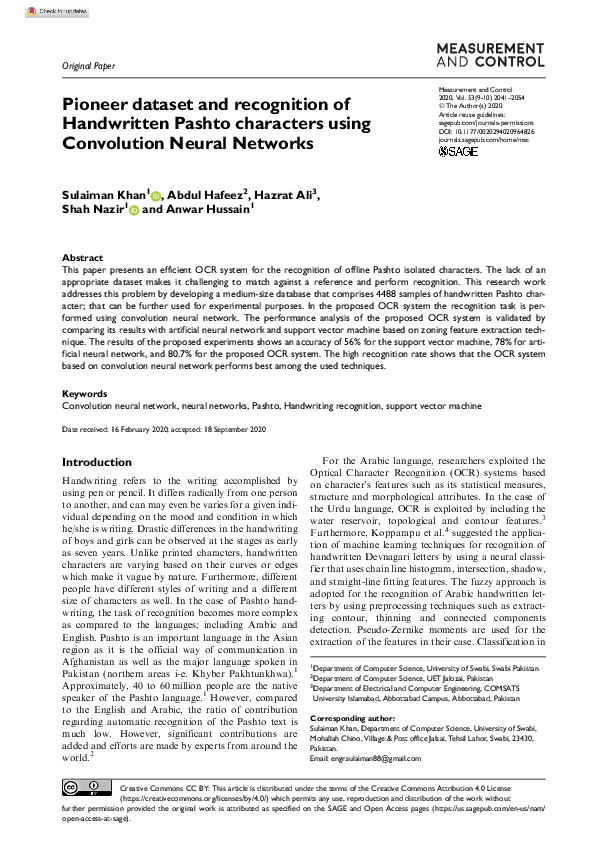 Pdf Pioneer Dataset And Recognition Of Handwritten Pashto Characters Using Convolution Neural