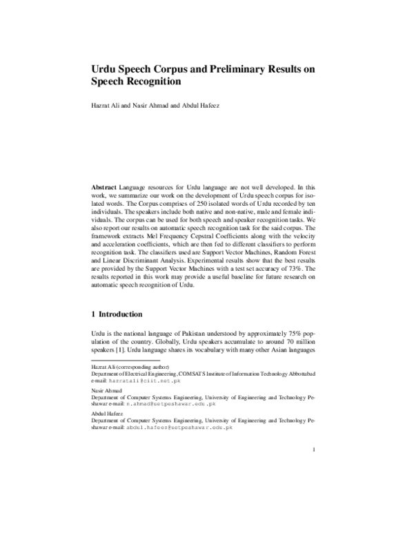 (PDF) Urdu Speech Corpus and Preliminary Results on Speech Recognition