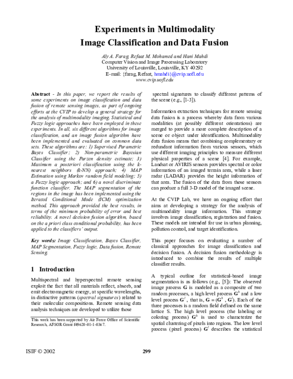 (PDF) Experiments in multimodality image classification and data fusion