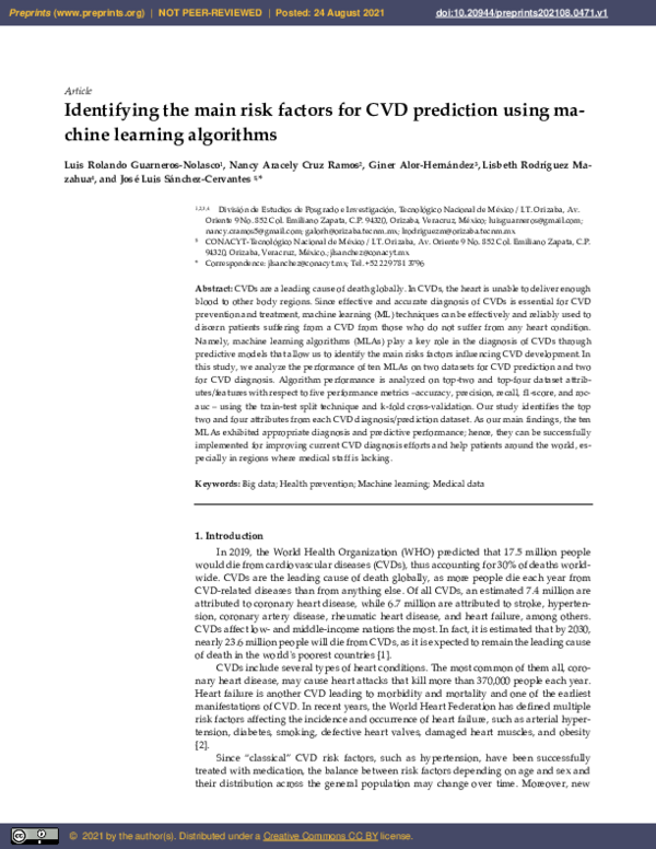 (PDF) Identifying the Main Risk Factors for CVD Prediction Using Machine Learning Algorithms