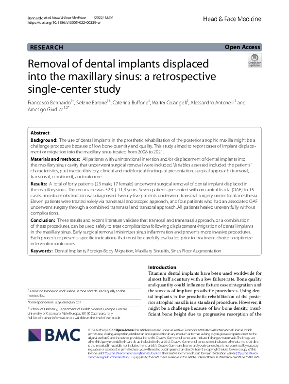 (PDF) Removal of dental implants displaced into the maxillary sinus: a ...