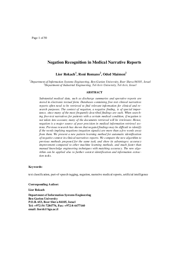 (PDF) Negation recognition in medical narrative reports