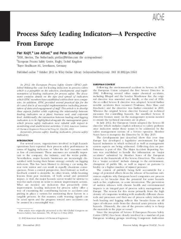 (PDF) Process safety leading indicators-a perspective from Europe