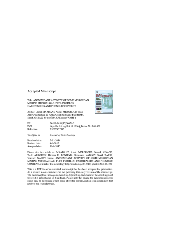 (PDF) Antioxidant activity of some Moroccan marine microalgae: Pufa profiles, carotenoids and ...
