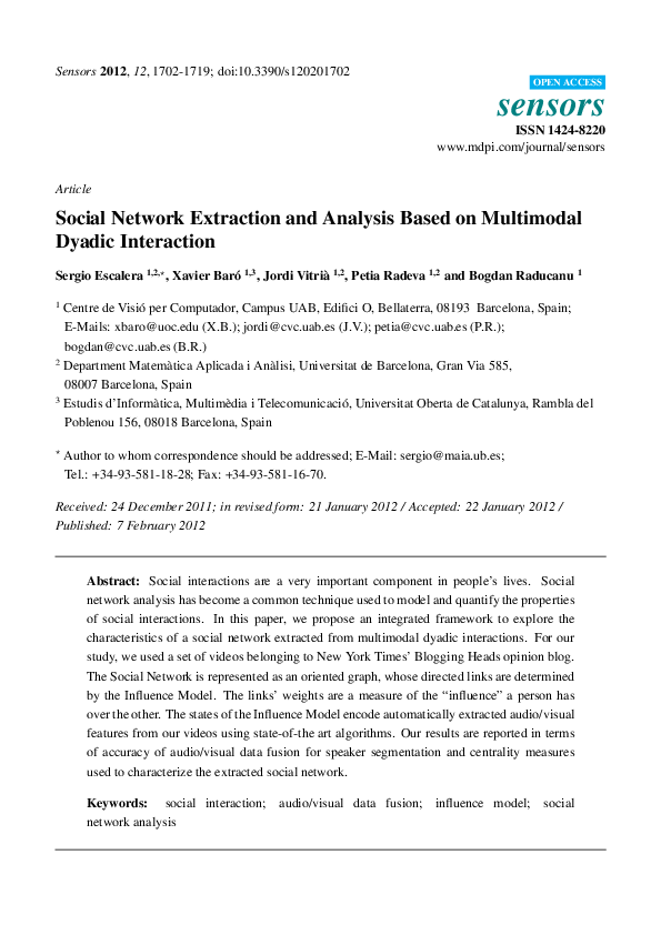 (PDF) Social Network Extraction and Analysis Based on Multimodal Dyadic Interaction