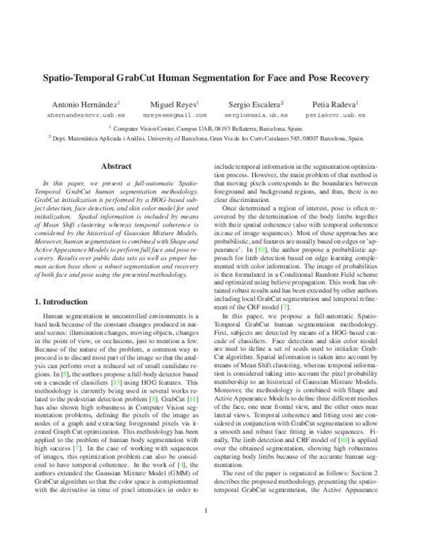Pdf Spatio Temporal Grabcut Human Segmentation For Face And Pose Recovery